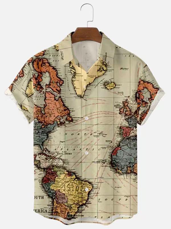 Men's Map Printed Shirts Abstract Retro Button-Down short-sleeved Tops ...