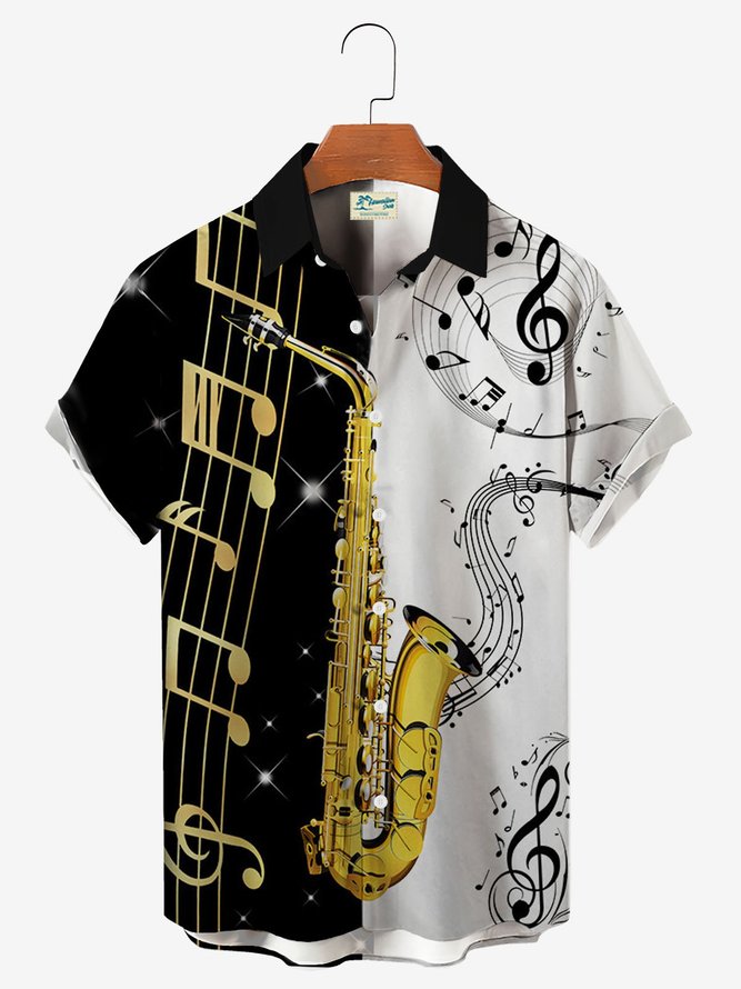 Mens Classic Music Jazz Shirts Note Saxophone Tuckless Button Plus Size ...